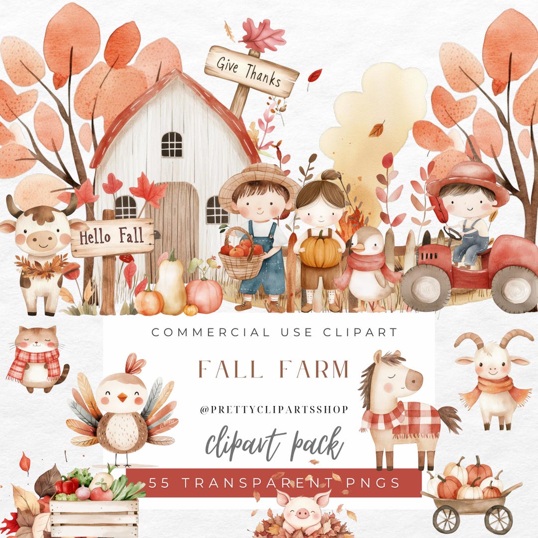 Watercolor Fall Farm Clipart Bundle: Kids, Animals, Pumpkins (PNG ...
