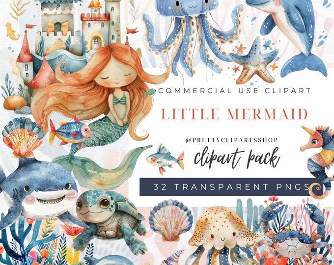 Watercolor Mermaid Clipart, Mermaid PNG, Sea Life Clipart, Underwater ...