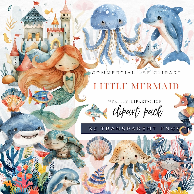 Watercolor Mermaid Clipart, Under the Sea PNG (32 Images) - Etsy