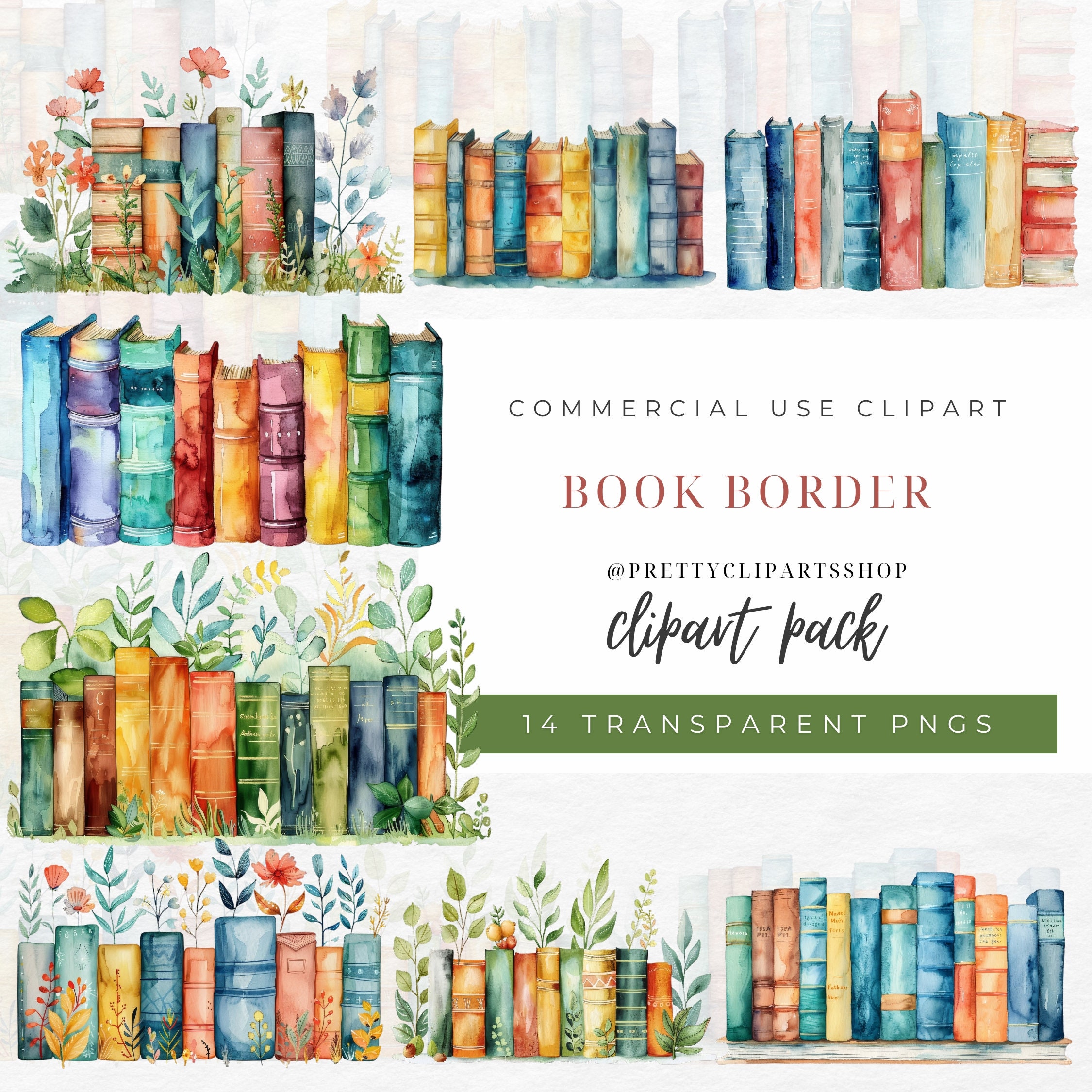 Book Border Clipart for Commercial Use, Bookshelf Cottagecore, Book ...