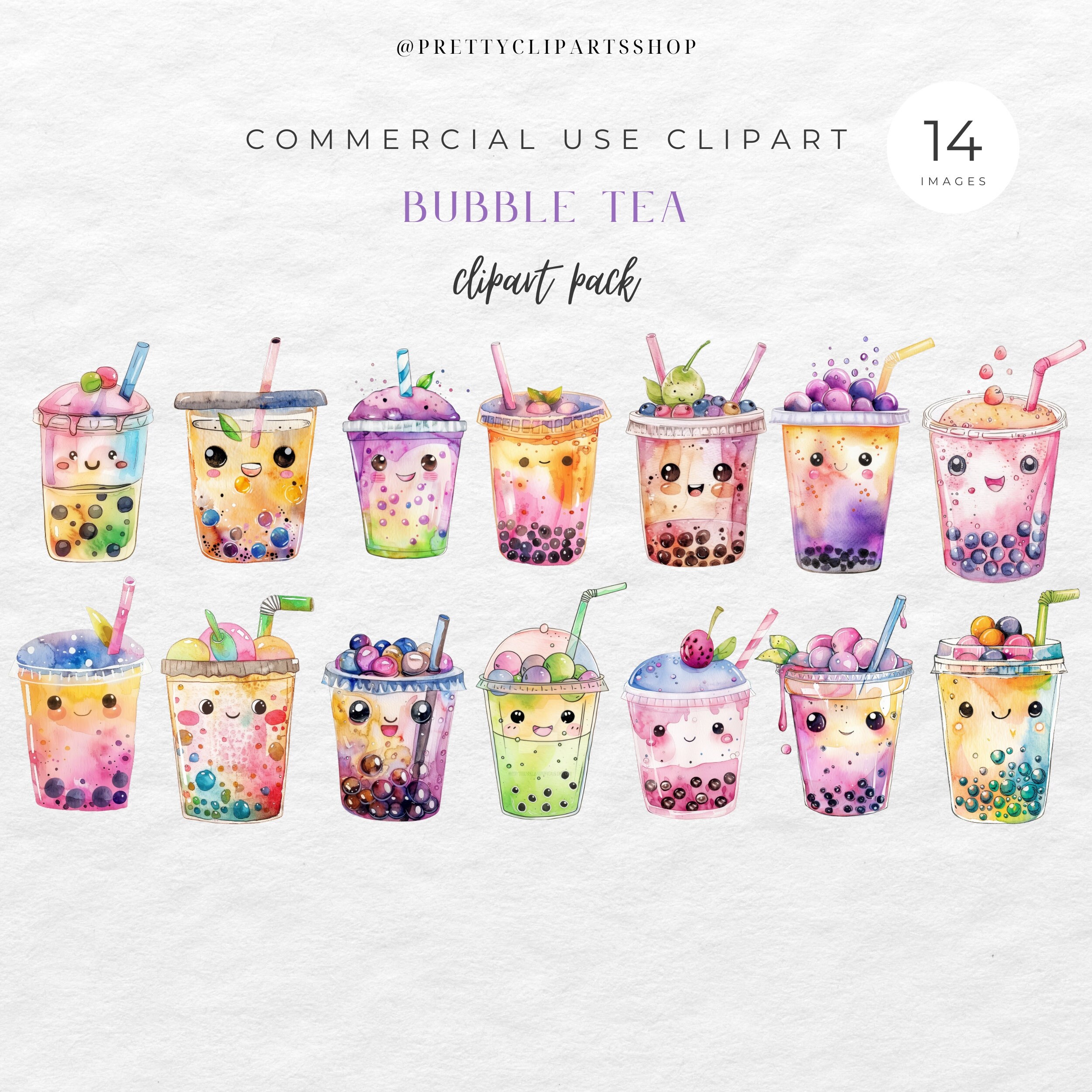 Watercolor Bubble Tea Clipart: Kawaii Boba Drinks (digital Download) - Etsy