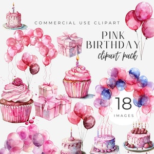 Pink Birthday Clipart Set, Watercolor Cake & Balloons, Instant Download ...