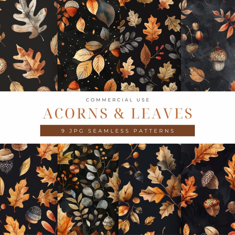 9 Acorns and Leaves on a Black Background Seamless Pattern for ...