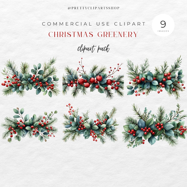 Watercolor Christmas Greenery Clipart: Holiday Foliage PNG (digital ...