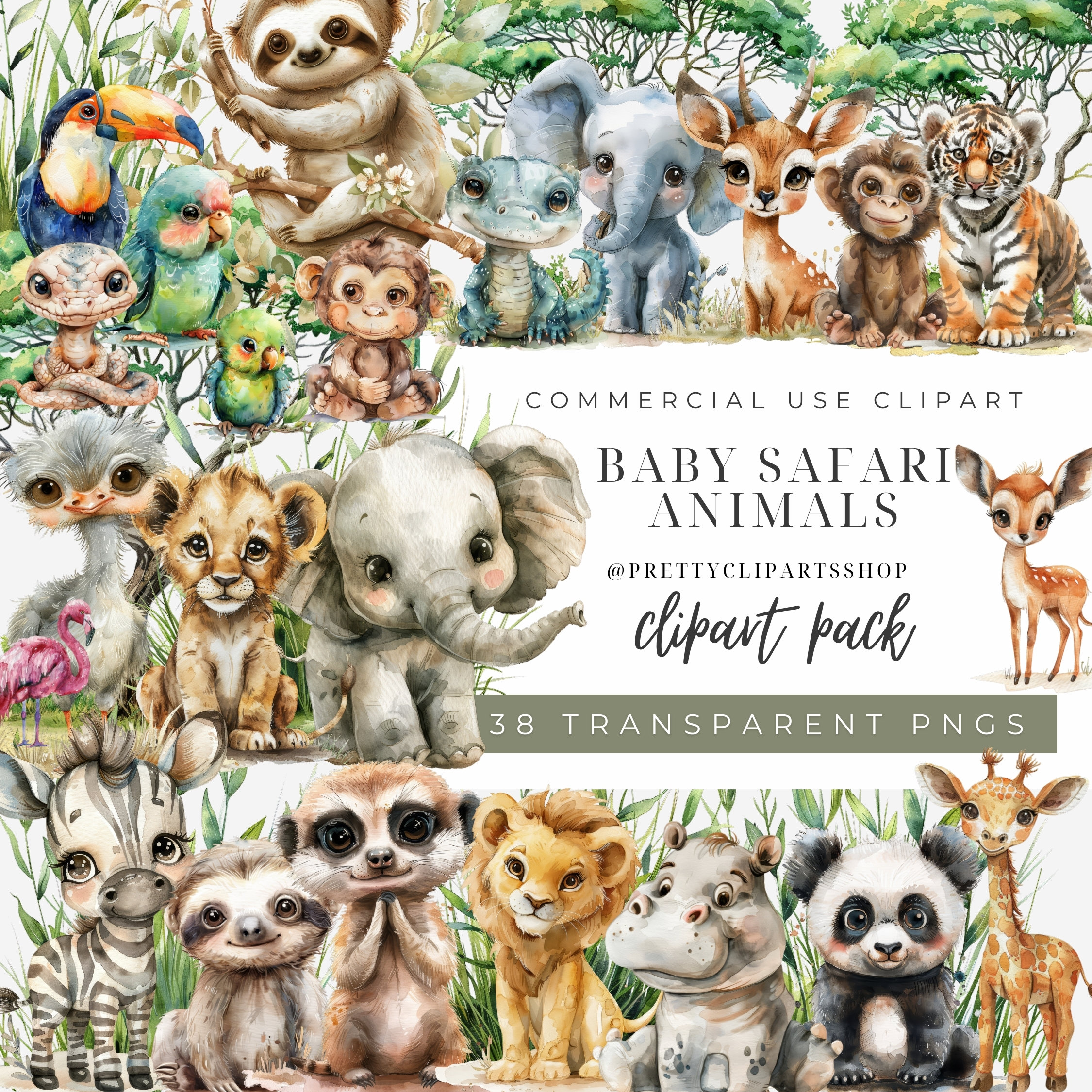 Baby Safari Animal Watercolor Cliparts, Nursery Clipart, Wild One Baby ...