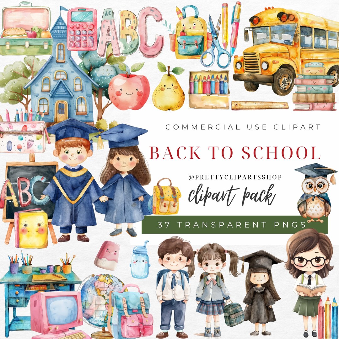 Watercolor Back to School Clipart, School Bus, Backpack, Pencil ...