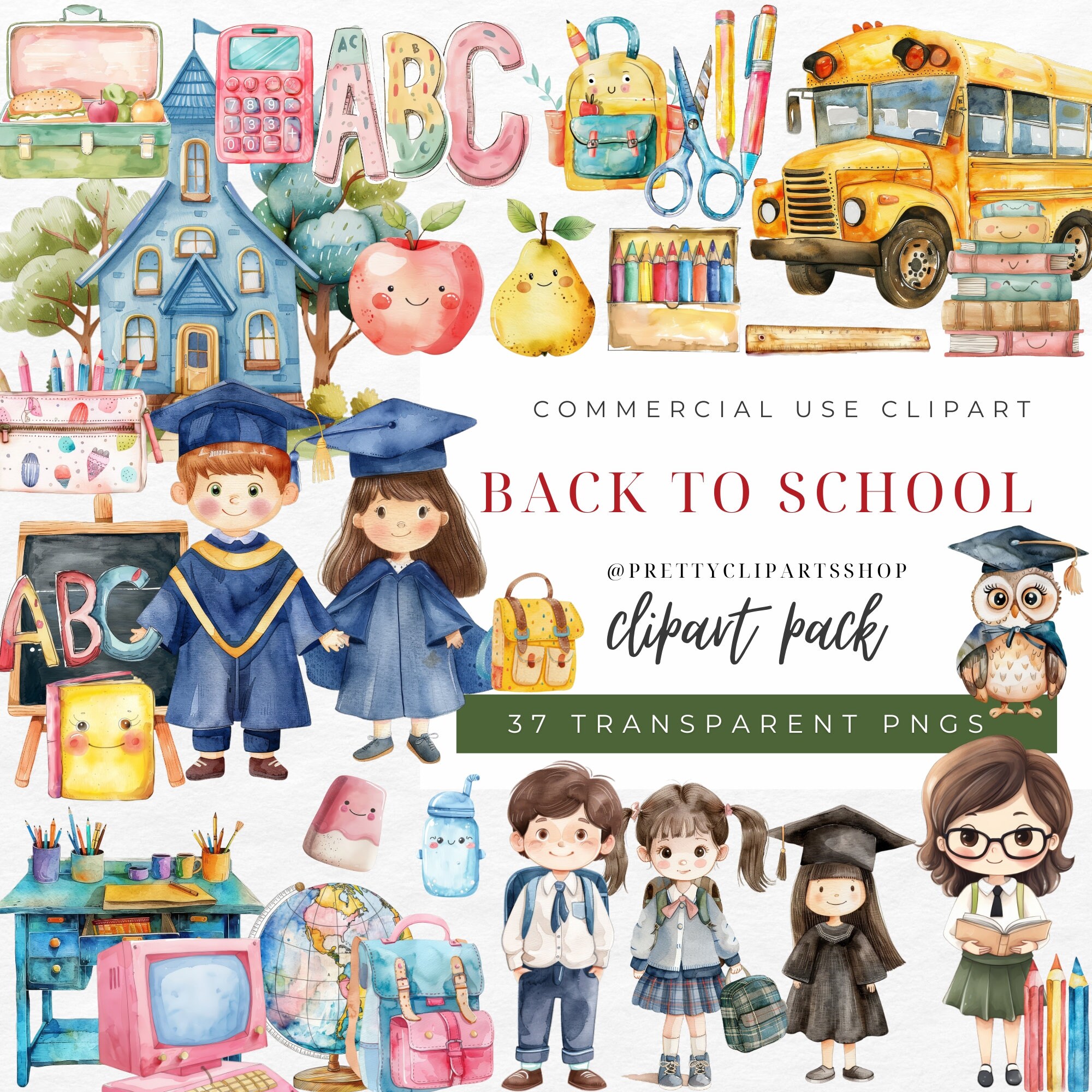 Watercolor Back to School Clipart, School Bus, Backpack, Pencil ...