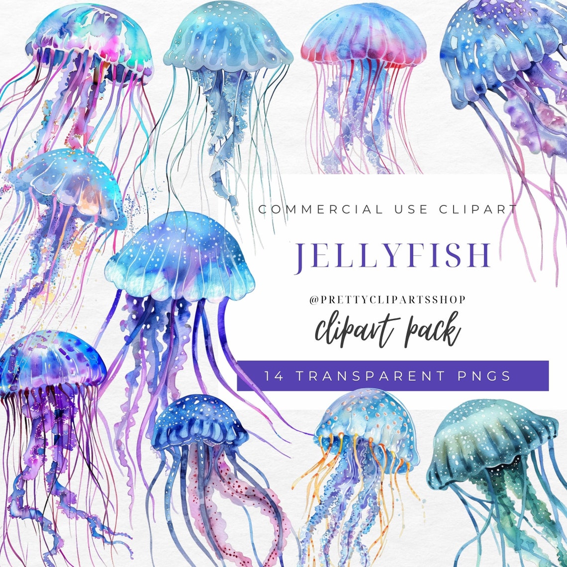 Watercolor Jellyfish Clipart for Commercial Use, Nautical Clipart, Sea ...