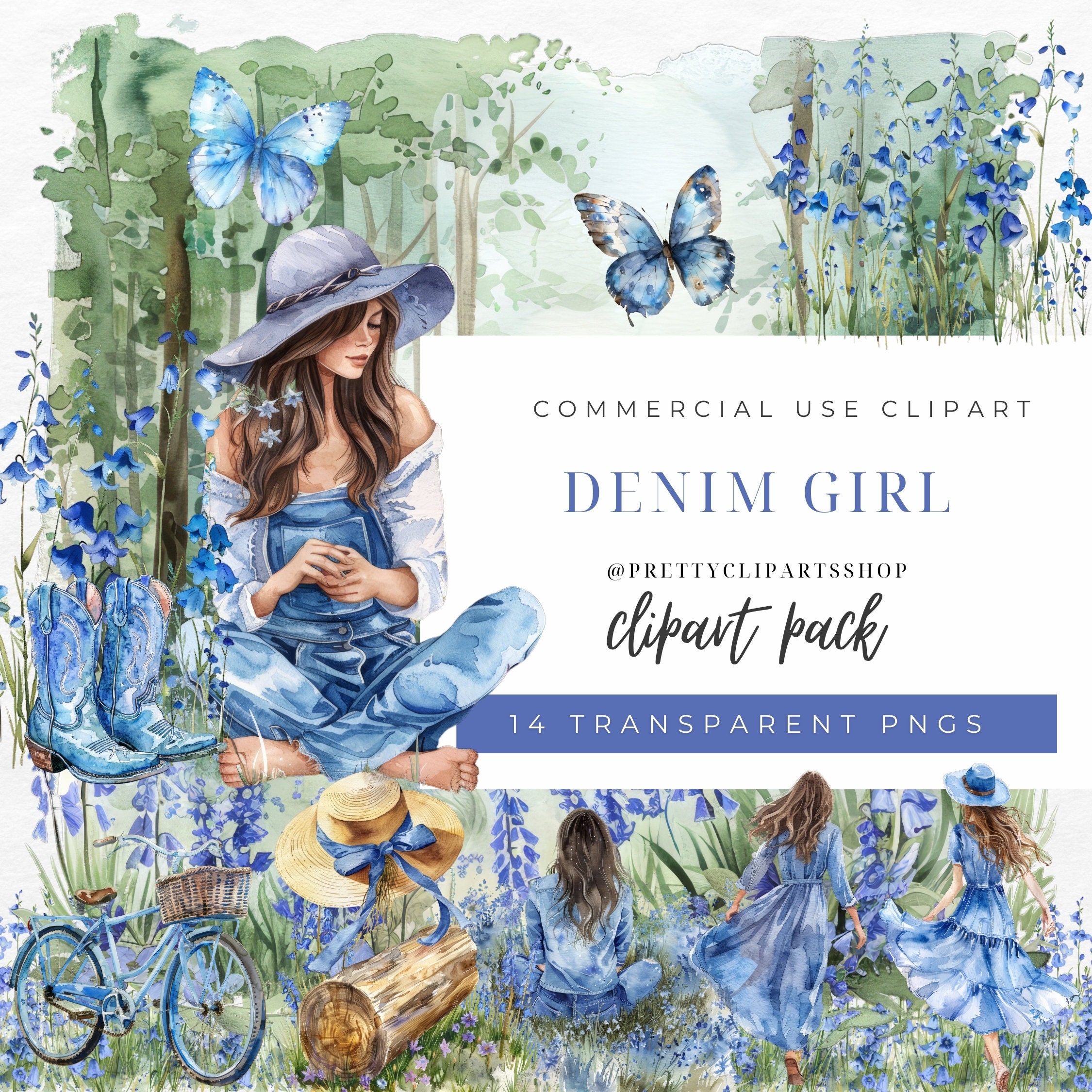 Denim Girl Watercolor Clipart, Bluebells Clipart, Commercial Use ...