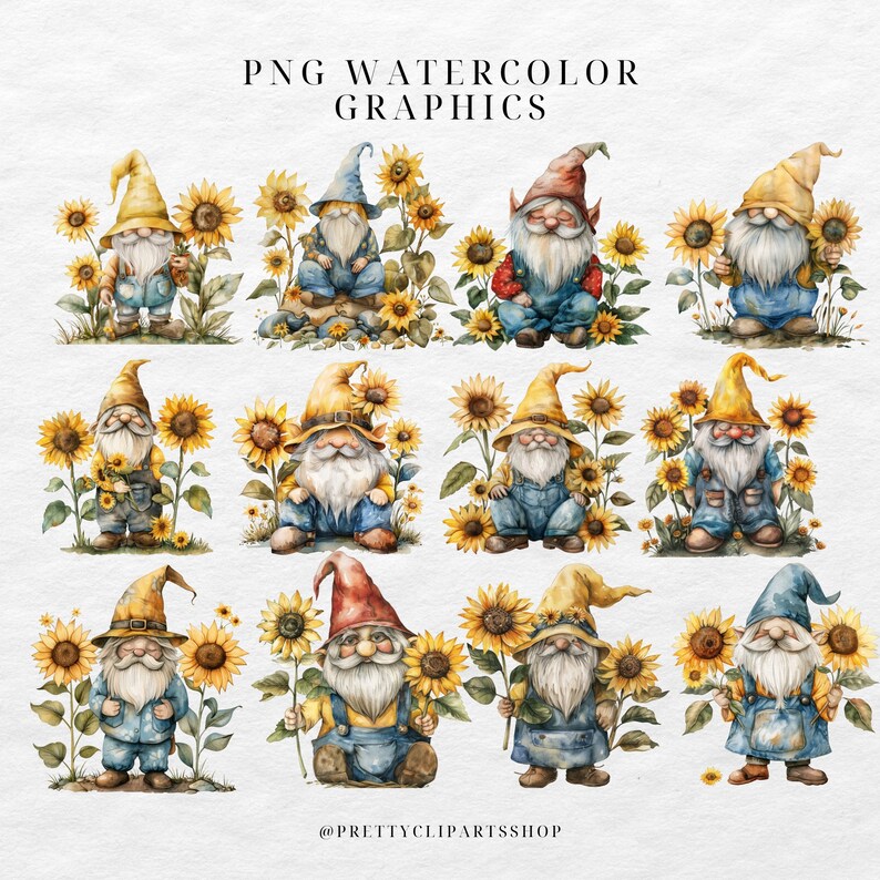 Sunflower Gnome Clipart, Garden Gnome, Watercolor Clipart, Commercial ...