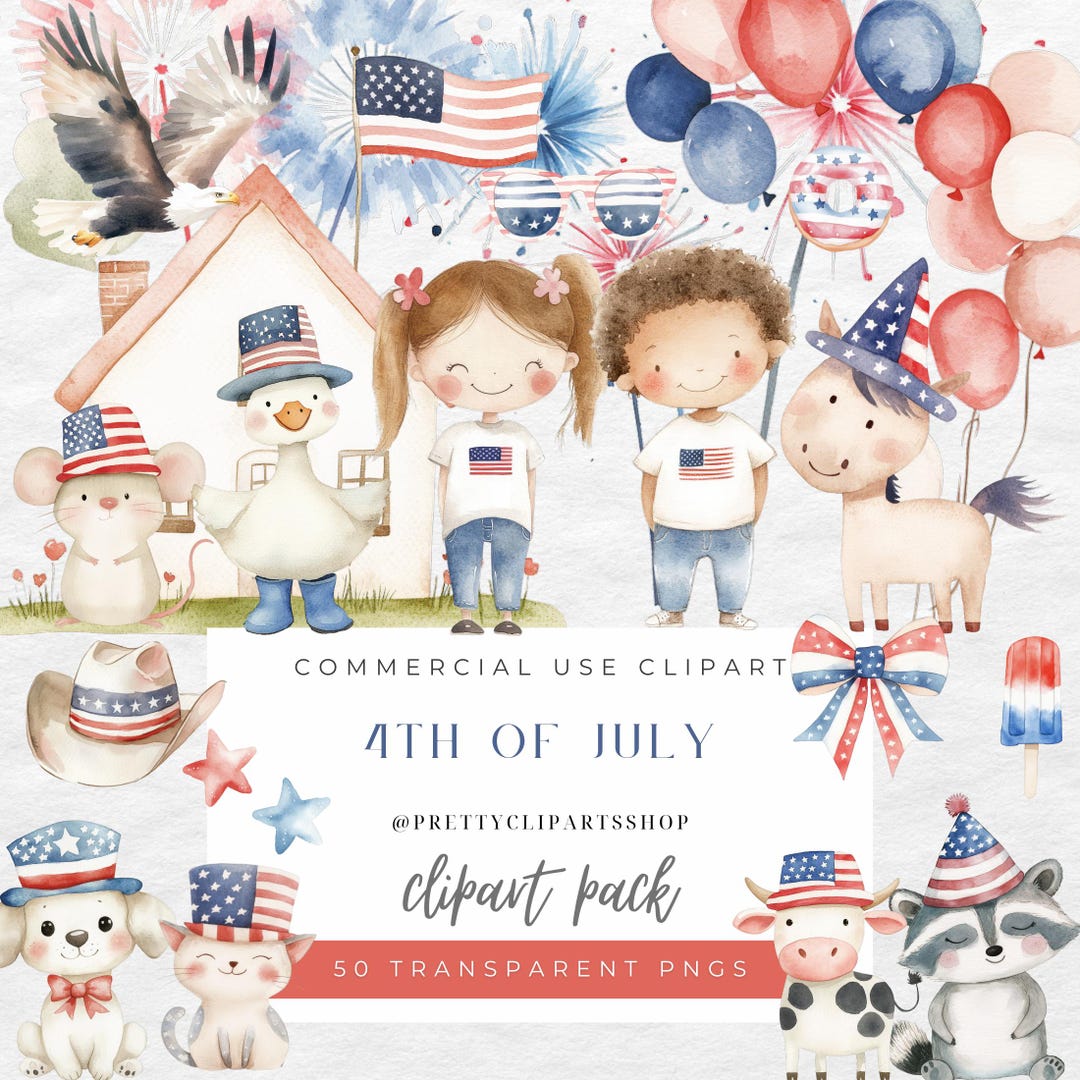4th of July Watercolor Clipart Bundle: Patriotic Kids & Dog PNG ...