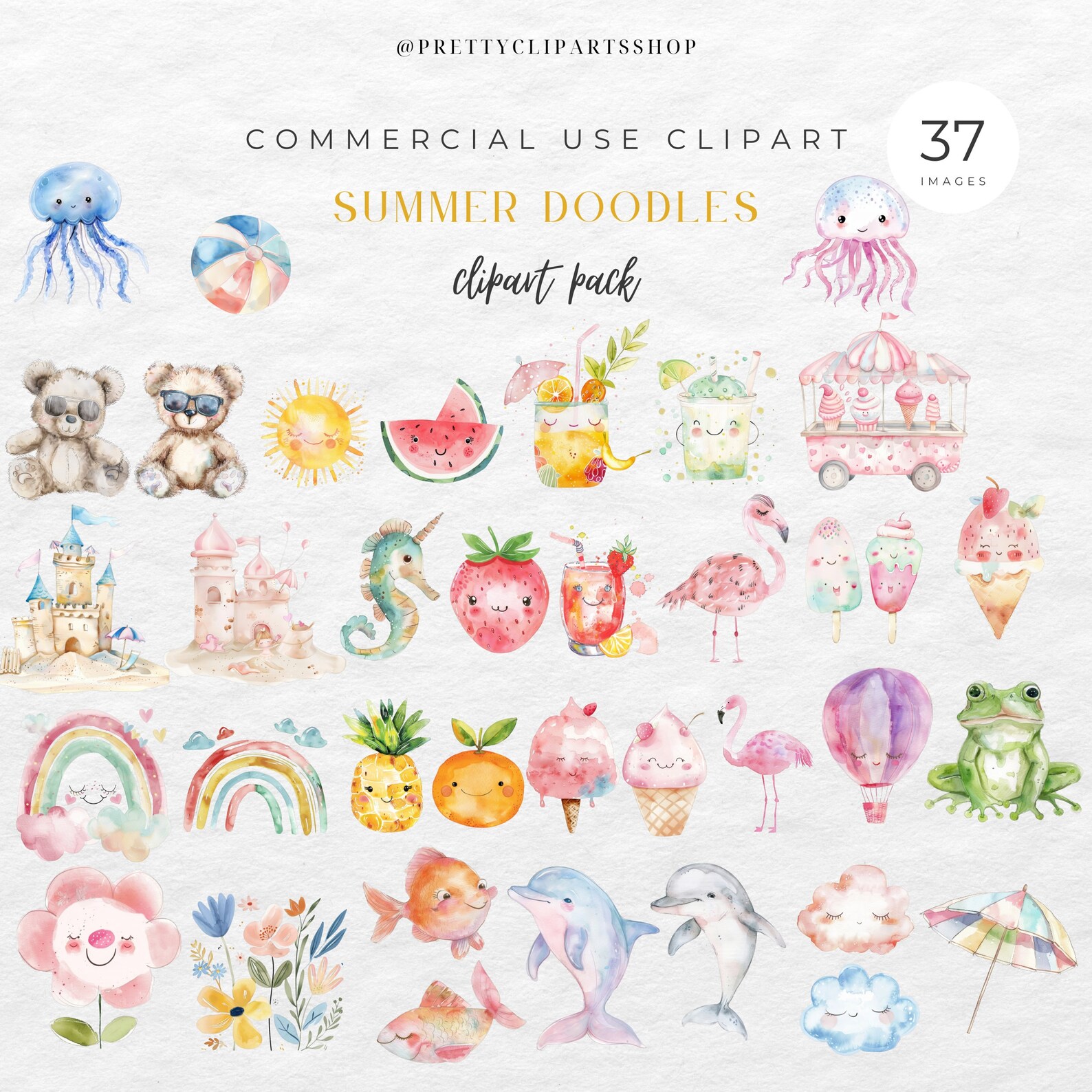Summer Clipart PNG, Cute Summer Doodle Clipart Bundle, Watercolour ...