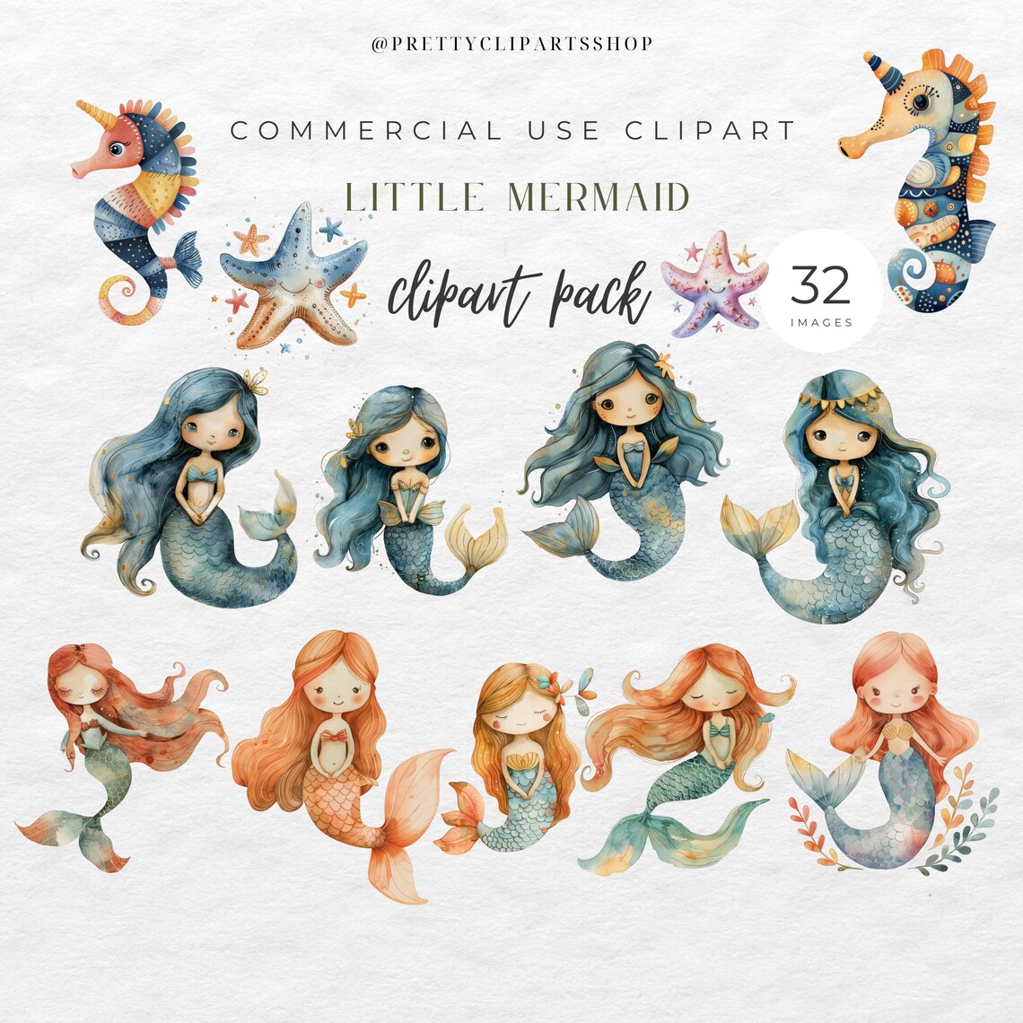 Little Mermaid Clipart, Cute Mermaid PNG, Pink Mermaid, Under the Sea ...