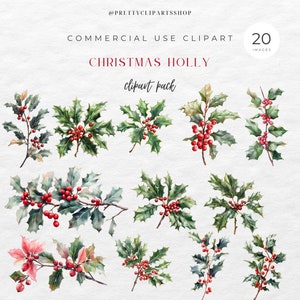 Watercolor Christmas Holly Clipart, Christmas Wreath PNG, Commercial ...