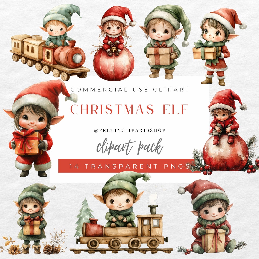 Cute Christmas Elf PNG Watercolor Clipart Bundle for Commercial Use ...
