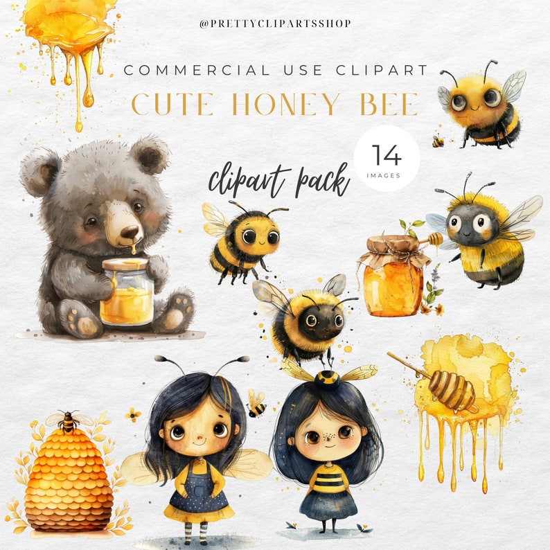 Watercolor Honey Bee Clipart, Cute Honey Bear, Commercial Use, Nursery ...