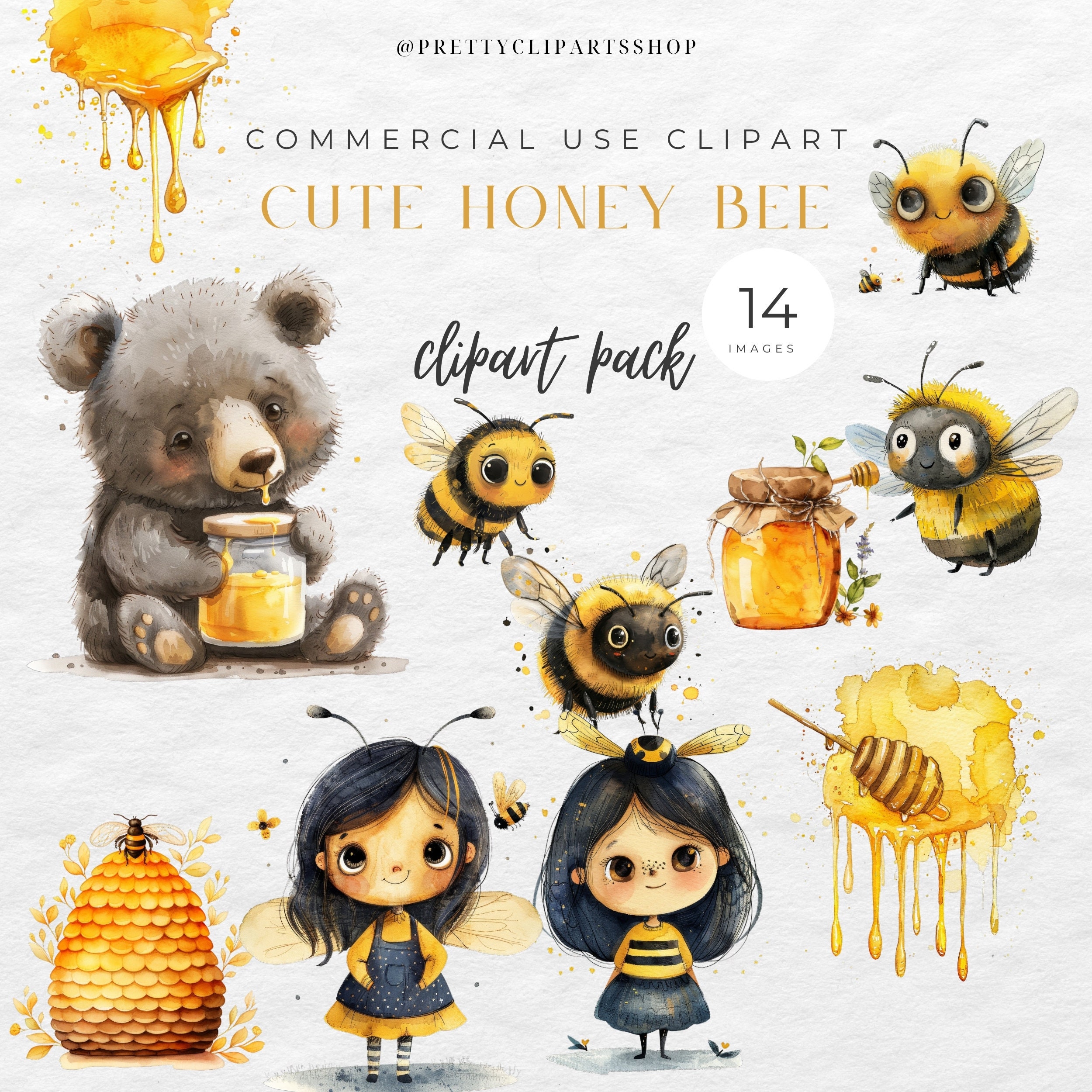 Watercolor Honey Bee Clipart, Cute Honey Bear, Commercial Use, Nursery ...