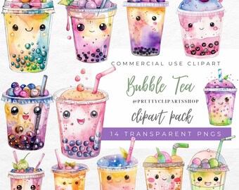 Watercolor Bubble Tea Clipart: Kawaii Boba Drinks (digital Download) - Etsy