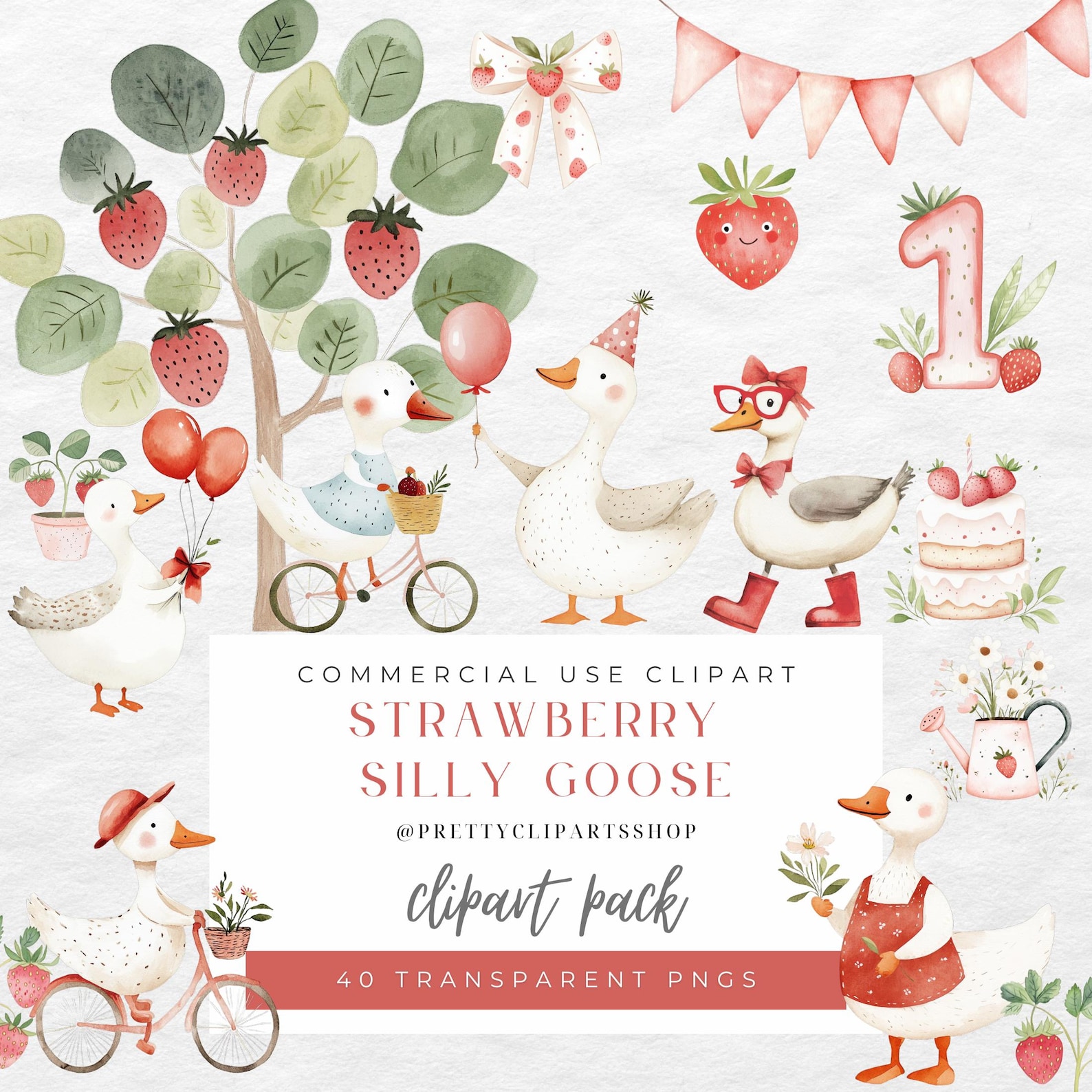Strawberry Goose Watercolor Clipart: Birthday Party Animals (PNG ...