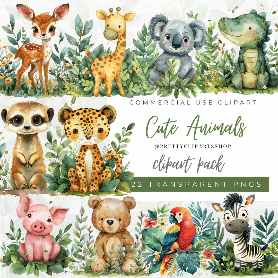 Baby Animals in Leaves Watercolor PNG Clipart, Baby Safari Animals ...