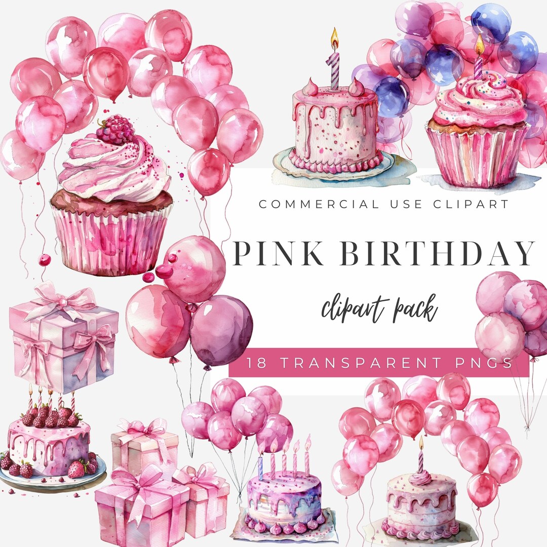 Pink Birthday Clipart Set, Watercolor Cake & Balloons, Instant Download ...