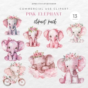 Pink Baby Elephant Baby Shower Clipart for Commercial Use Watercolor ...