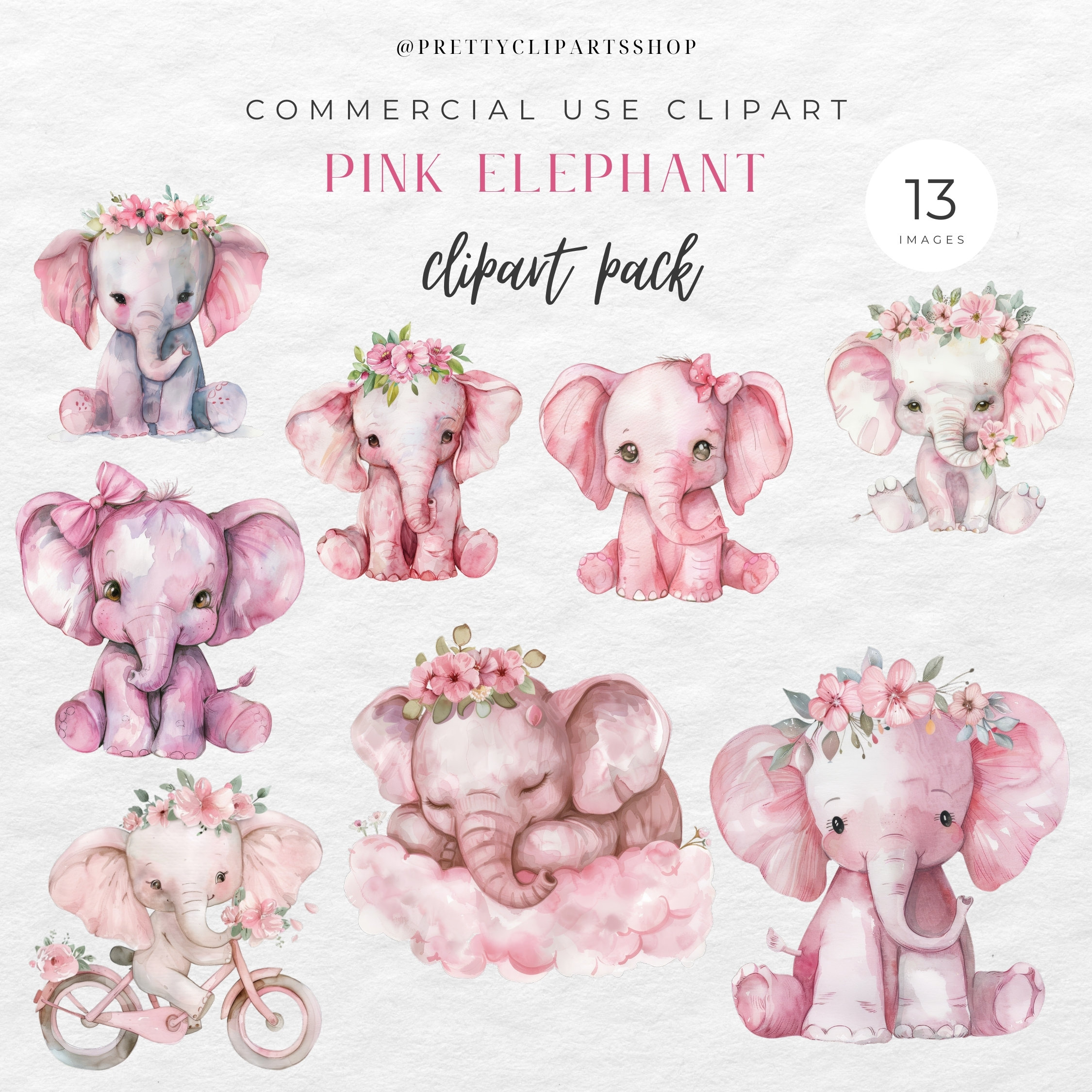 Pink Baby Elephant Baby Shower Clipart for Commercial Use Watercolor ...
