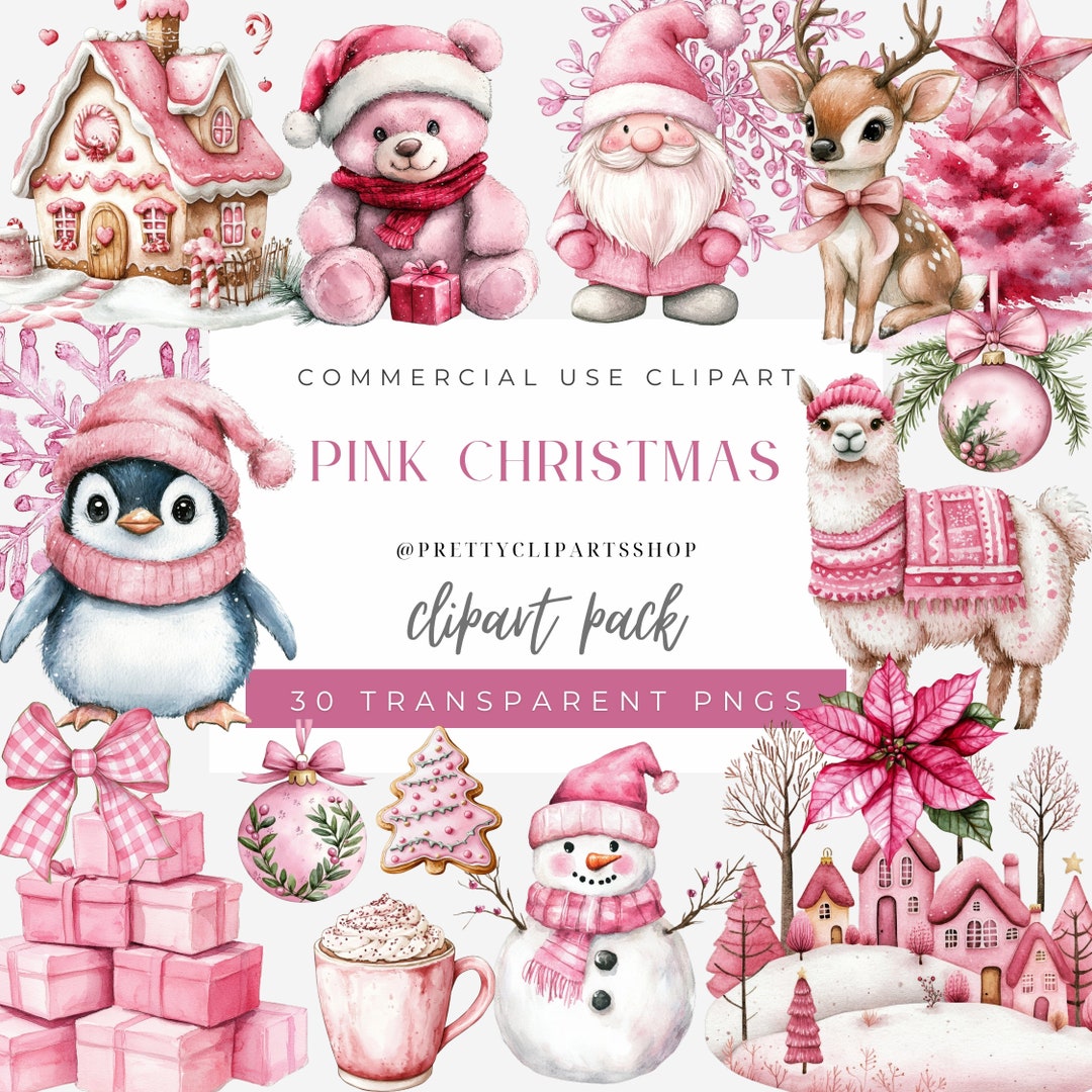 Pink Christmas Watercolor Clipart Bundle: Boho PNG Graphics (digital ...