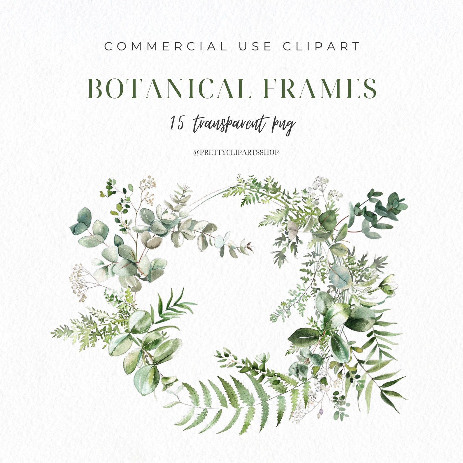 15 Watercolor Botanical Frame and Wreath PNG Cliparts for Commercial ...