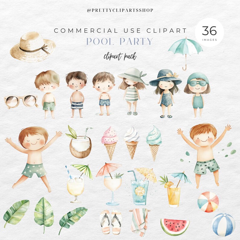 Pool Party Clipart Summer Fun Cute Kids Cocktails Ice-cream Floaties ...