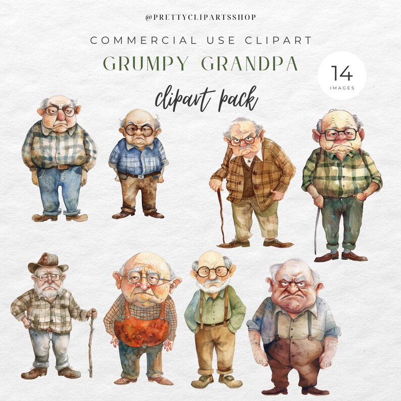 Grumpy Grandpa Watercolor Clipart Grumpy Old Man Angry Man Grandfather ...