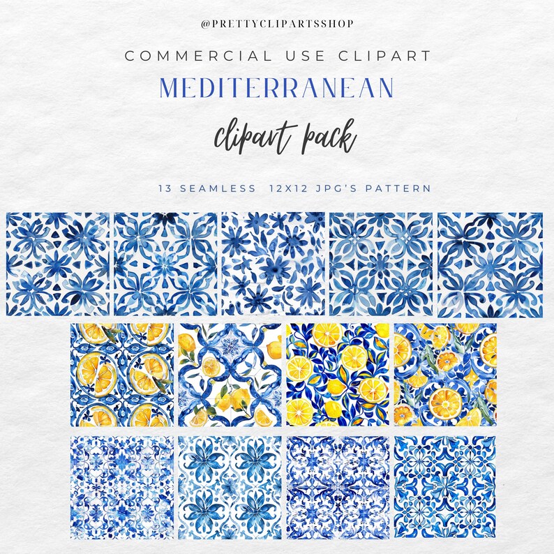 Mediterranean Tile, Watercolor Lemons Clipart, Portuguese Azulejo ...