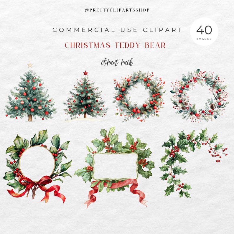 Christmas Teddy Bear PNG Watercolor Clipart Cottagecore Commercial Use ...