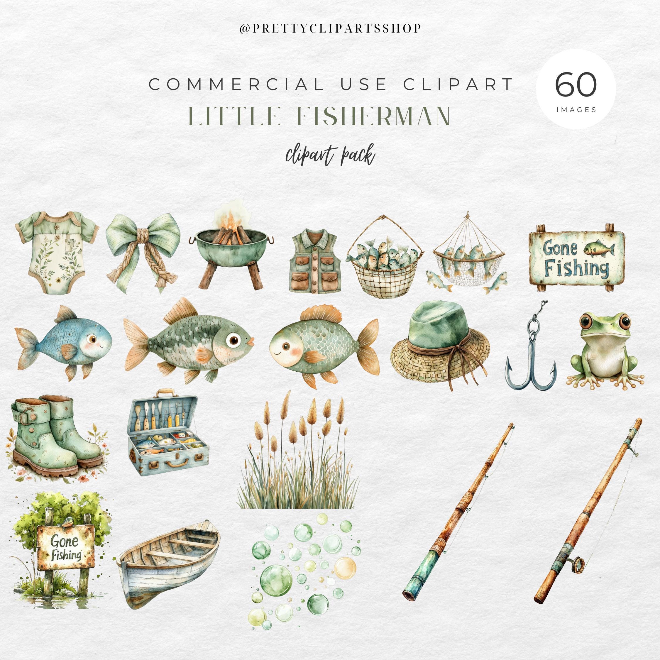 Little Fisherman Watercolor Clipart: Fishing Theme (PNG Digital ...