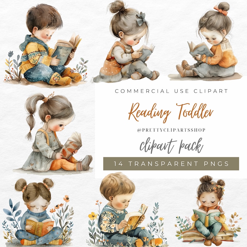 Watercolor Toddler Reading Book Clipart for Commercial Use Booklover ...