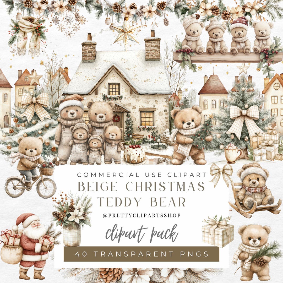 Rustic Christmas Teddy Bear Clipart: Beige Watercolor PNG (commercial ...