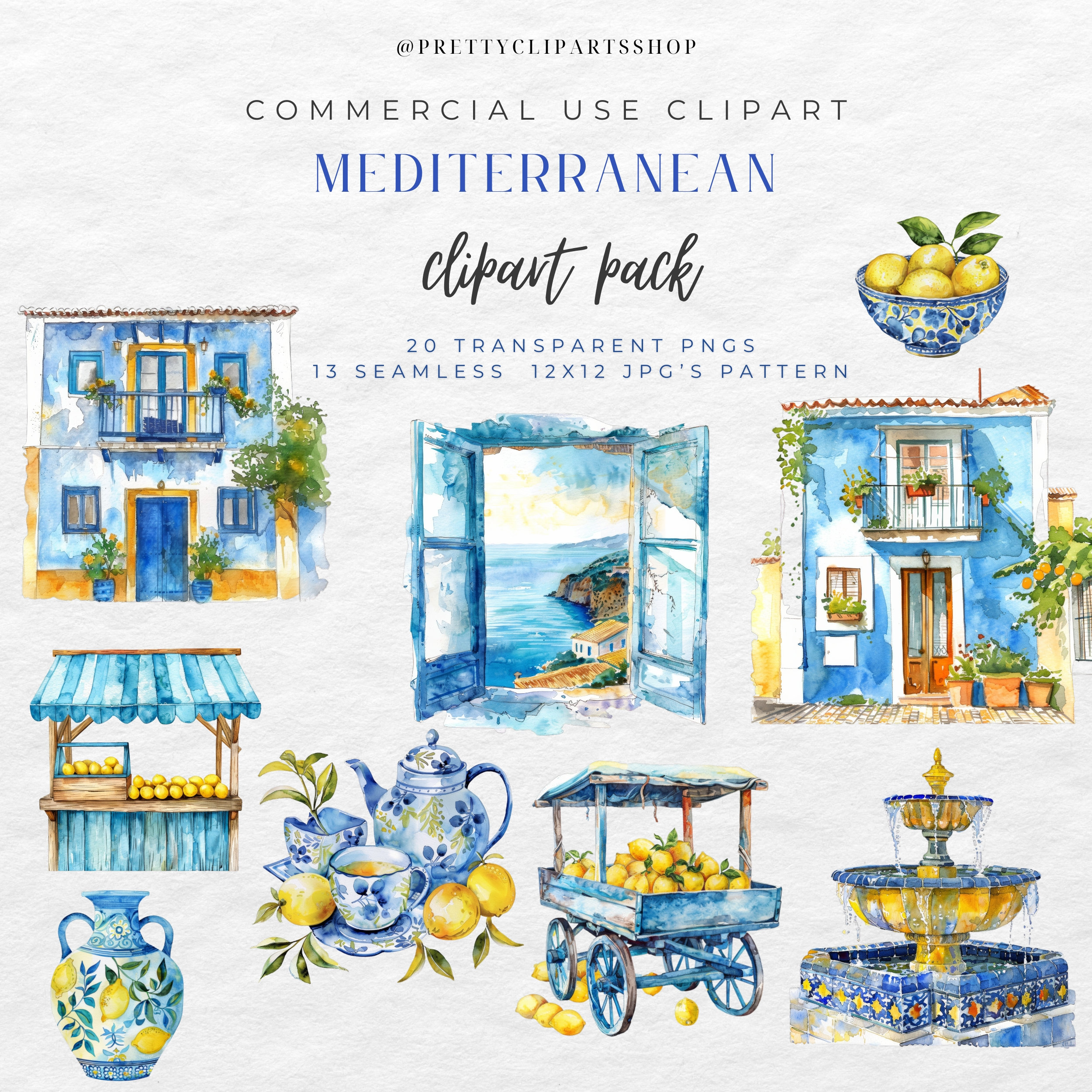 Mediterranean Tile, Watercolor Lemons Clipart, Portuguese Azulejo ...