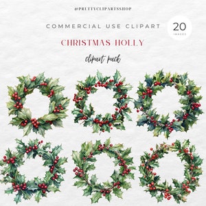 Watercolor Christmas Holly Clipart, Christmas Wreath PNG, Commercial ...