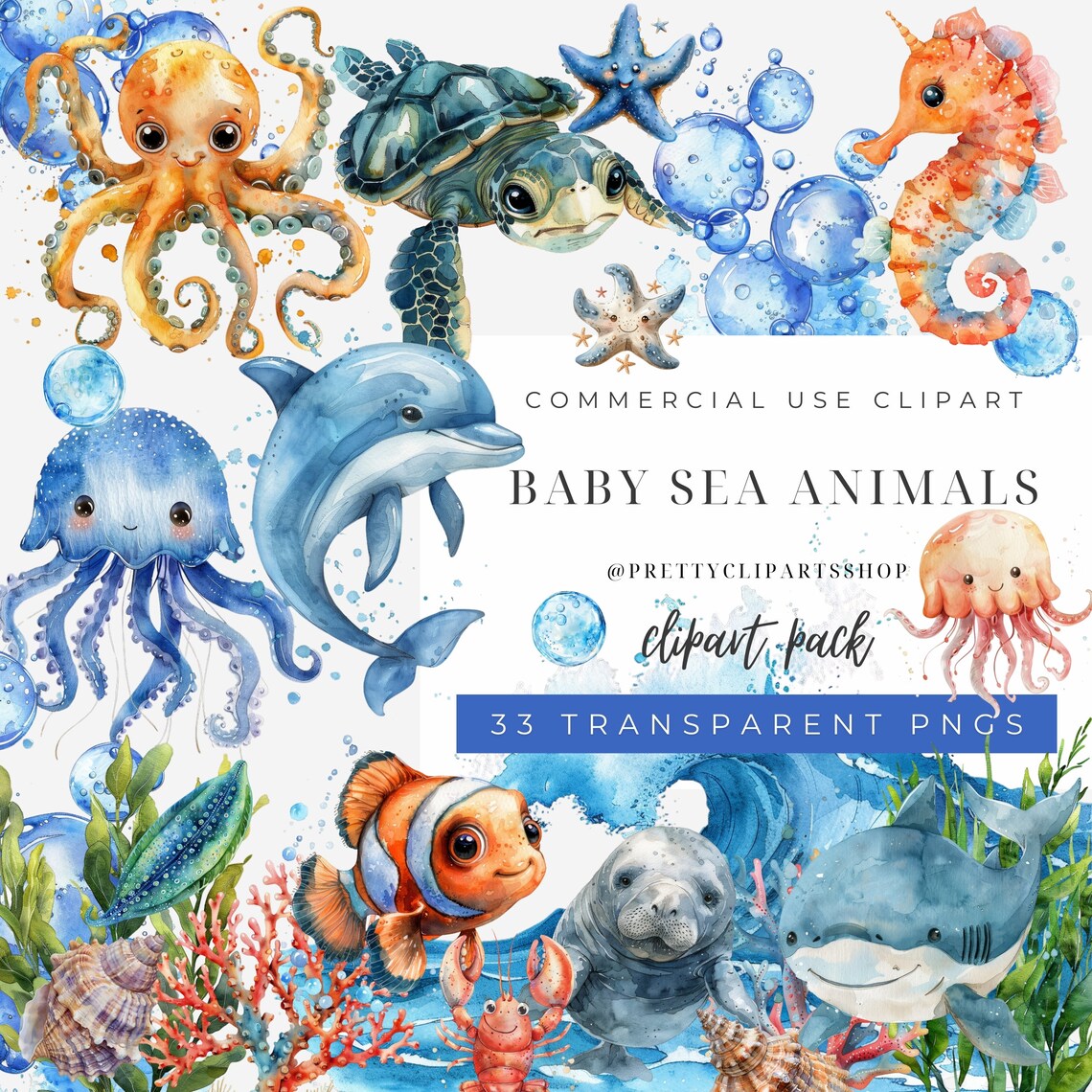 Baby Sea Animals Nursery PNG Cliparts, Watercolor Clipart, Commercial ...