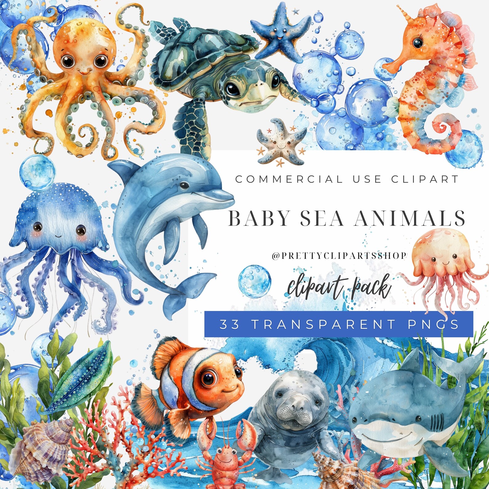 Baby Sea Animals Nursery PNG Cliparts, Watercolor Clipart, Commercial ...