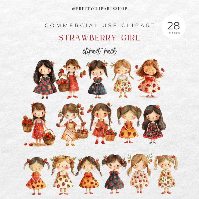 Watercolor Strawberry Girl Clipart: Summer Graphics Bundle (digital ...