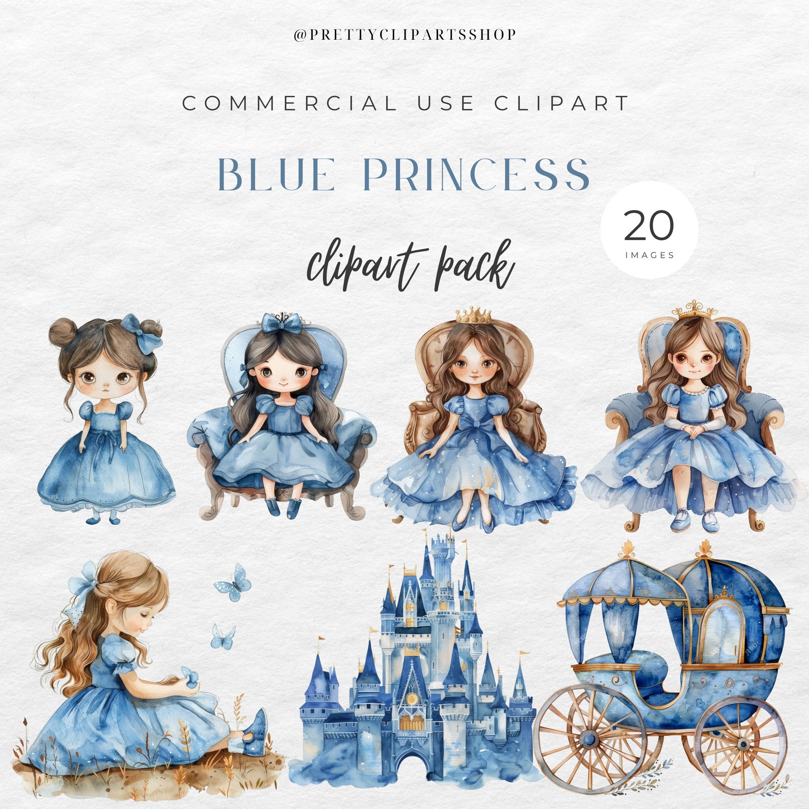 Watercolor Blue Princess Clipart: Cinderella Fairytale PNG (digital ...