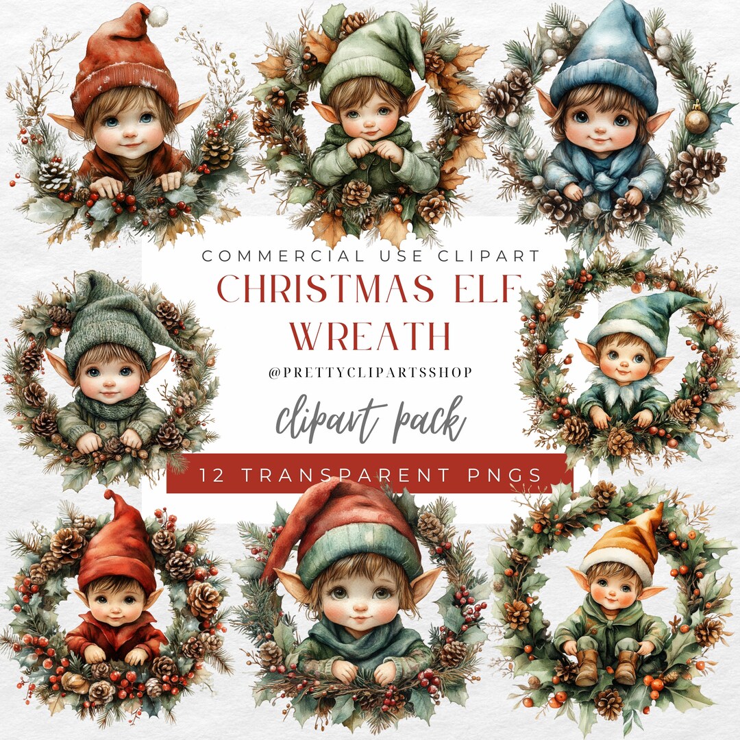 Christmas Elf Wreath Frames PNG Watercolor Clipart Bundle for ...