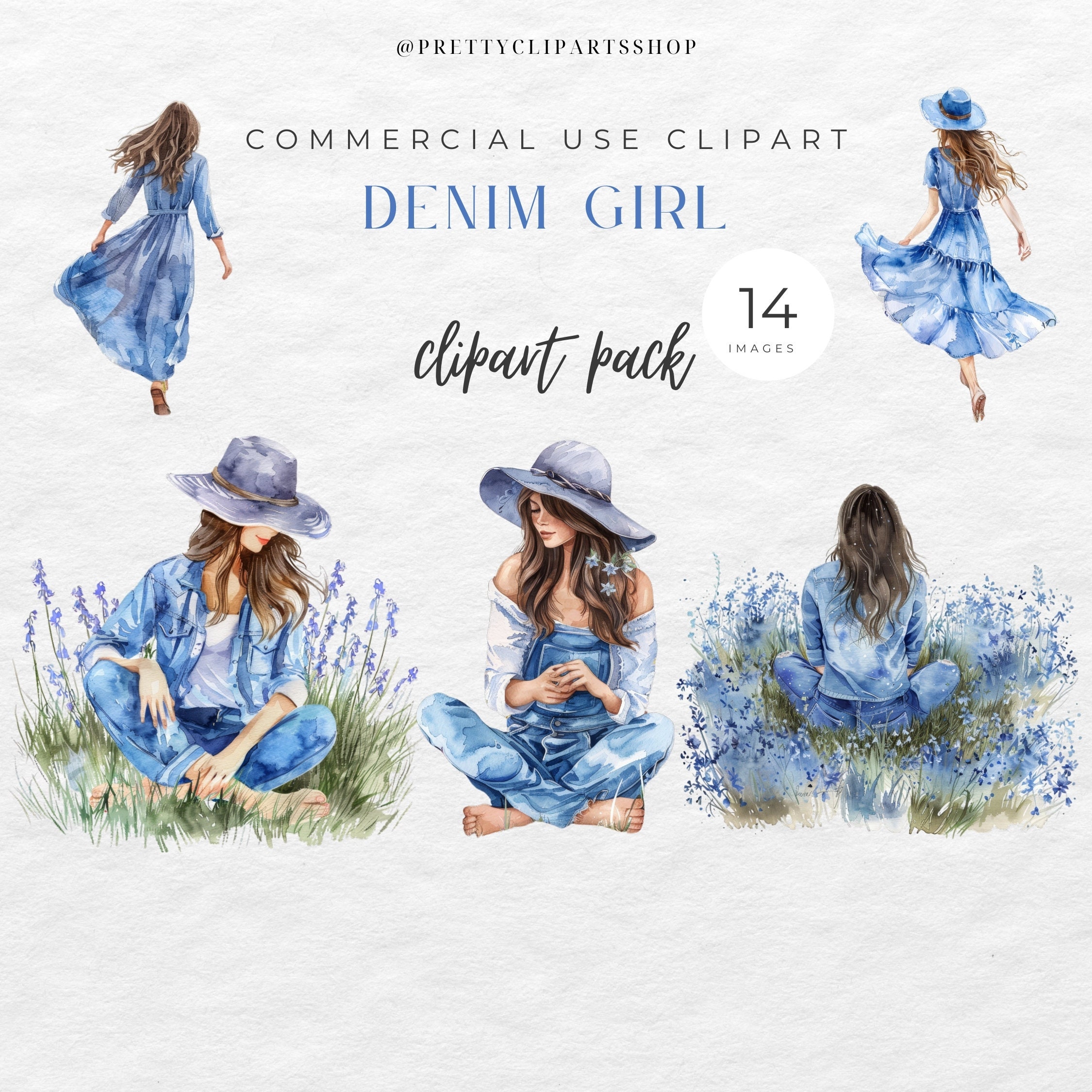 Denim Girl Watercolor Clipart, Bluebells Clipart, Commercial Use ...