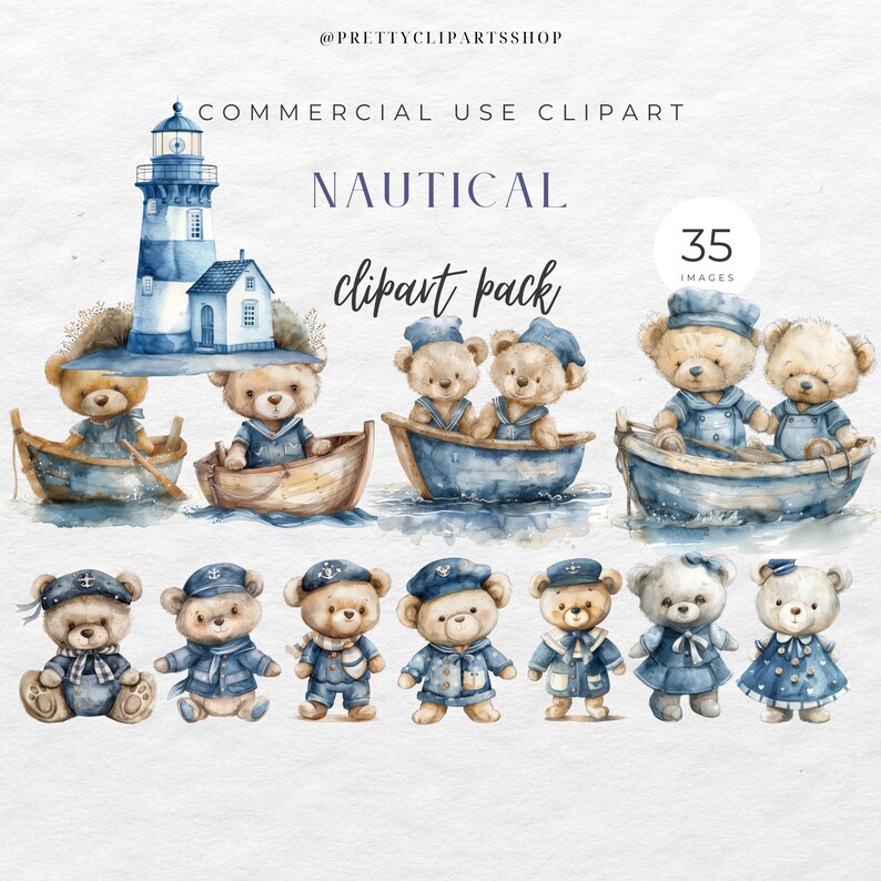 Baby Boy Nautical Clipart Set, Teddy Bear Nursery Clipart, Baby Sailor ...