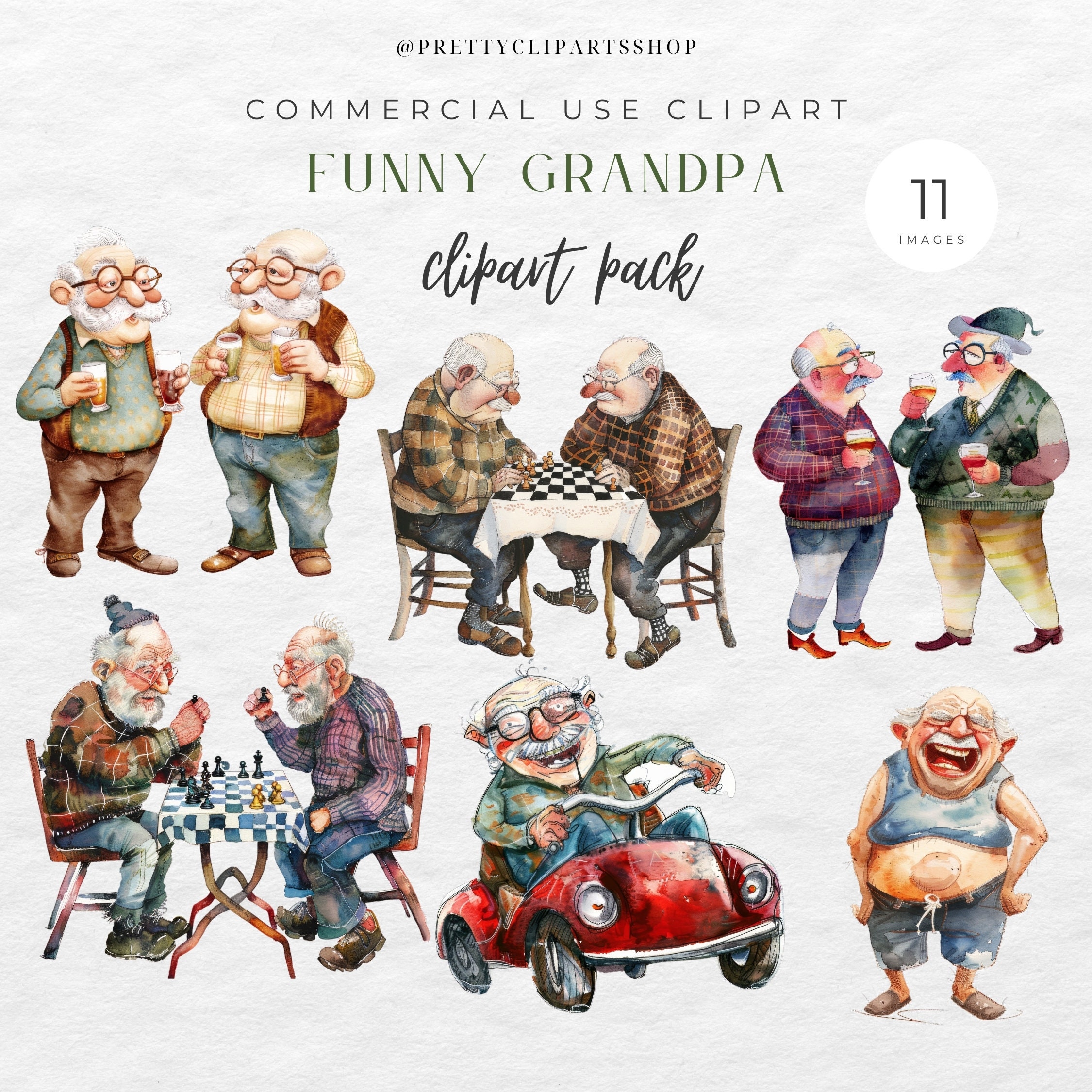Funny Old People Bundle PNG Watercolor Clipart Set for Commercial Use ...