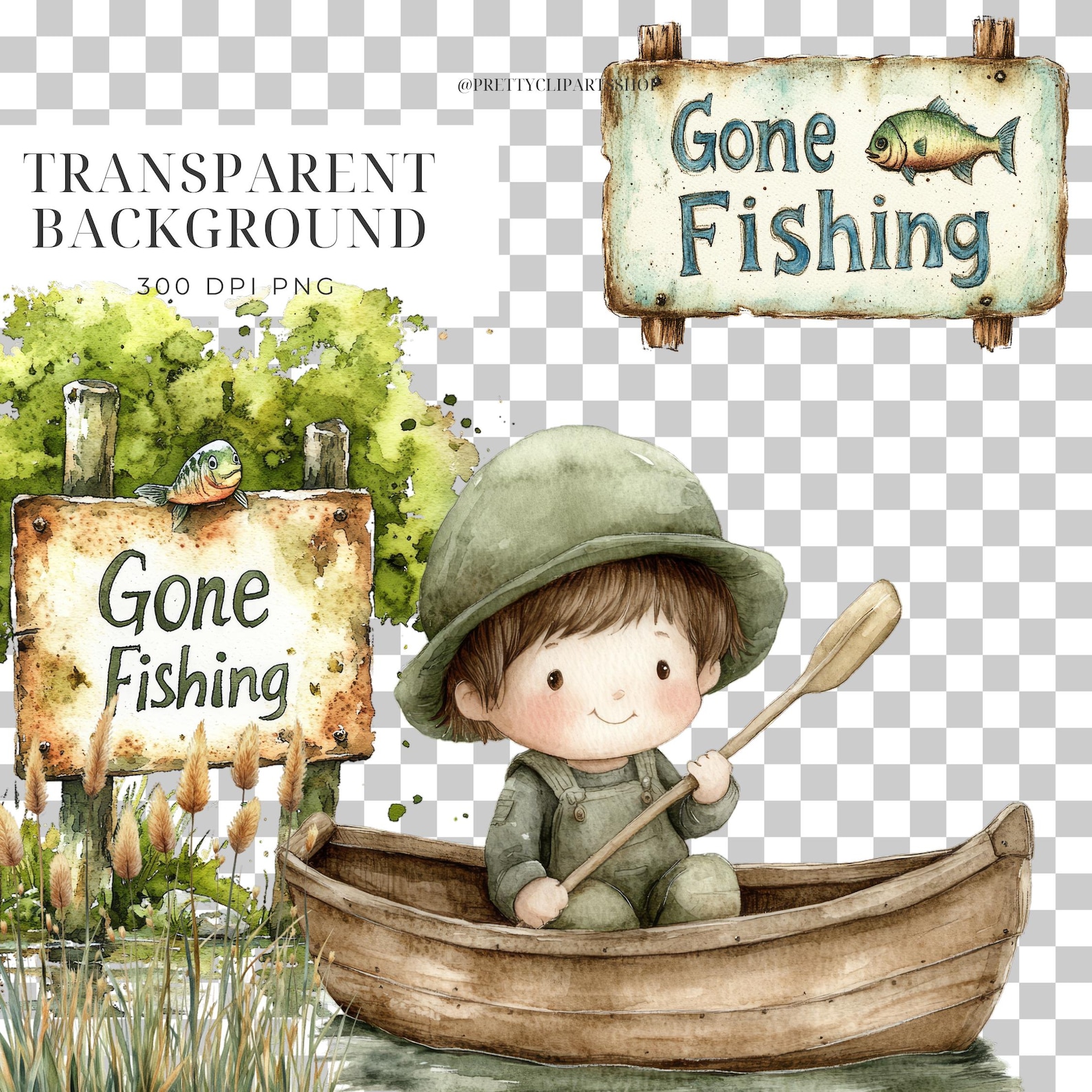 Little Fisherman Watercolor Clipart: Fishing Theme (PNG Digital ...
