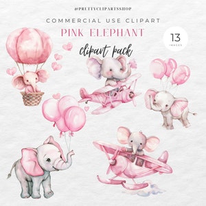 Pink Baby Elephant Baby Shower Clipart for Commercial Use Watercolor ...