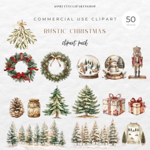 Rustic Christmas Clipart Bundle: Watercolor Ornaments, Wreaths (PNG) - Etsy