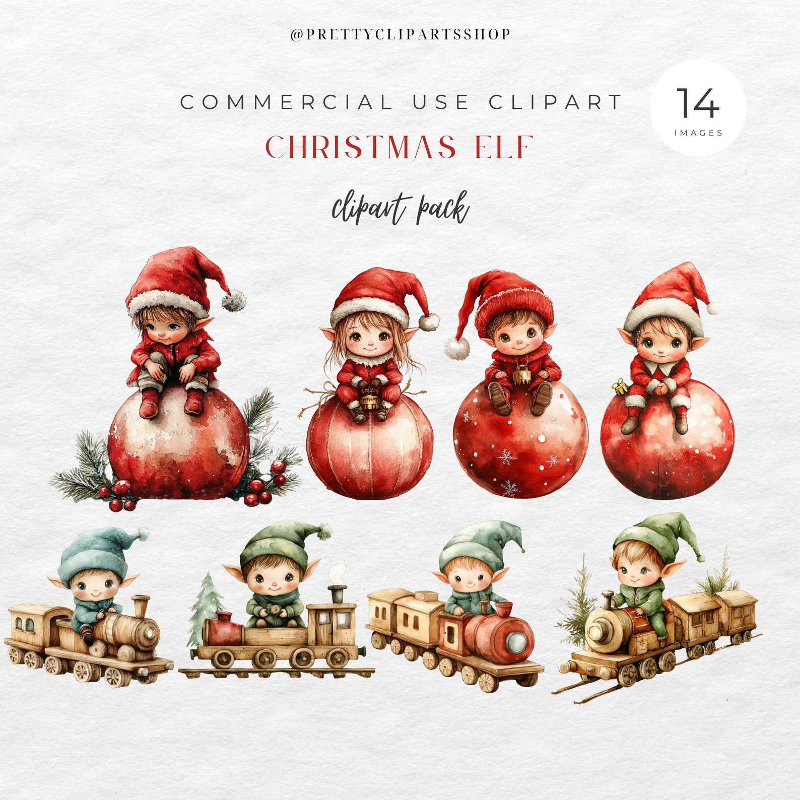 Cute Christmas Elf PNG Watercolor Clipart Bundle for Commercial Use ...